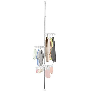 DAHOOMII Adjustable Laundry Drying Rack Tension Shelf Corner Clothes Hanger Pole Garment Storage Organizer Floor to Ceiling Coat Tree with 24pcs Clothespins for Indoor, Bedroom, Balcony - Ivory