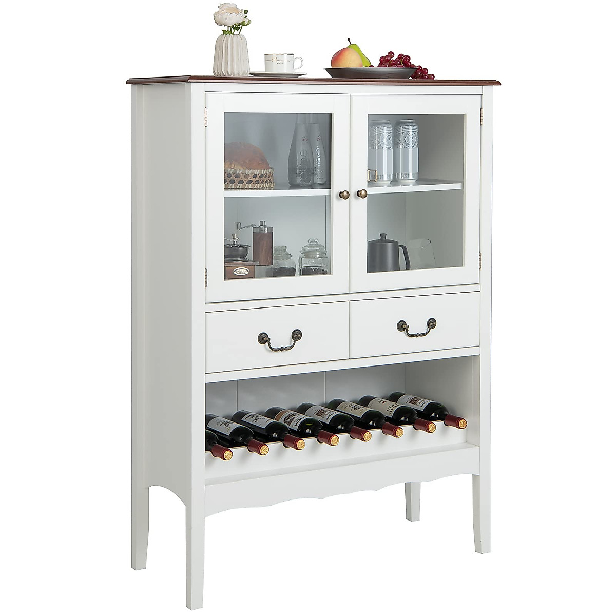 Giantex Wine Cabinet with Storage, Standing Buffet Sideboard with 2 Drawers, 2 Tempered Glass Doors, Open Wine Rack, Anti-toppling Assembly, Coffee Bar Station for Living Room, White & Vermilion
