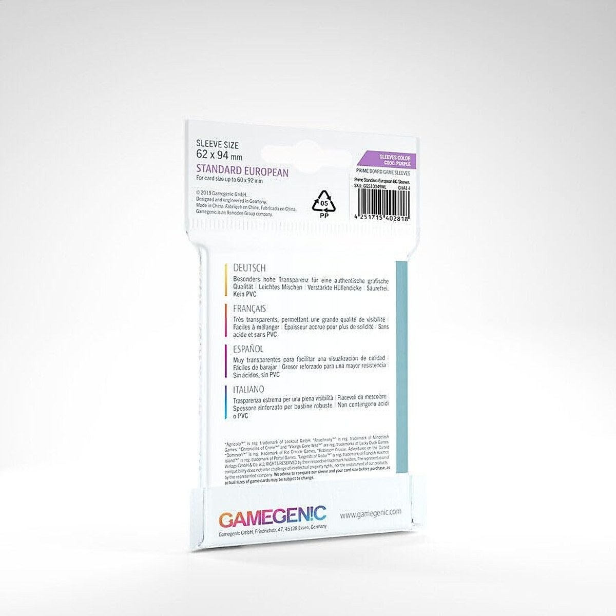 Prime Board Game Sleeves | Pack of 50 Extra-Clear Sleeves | 62 by 94 mm Card Sleeves Optimized for Standard European Card Games | Premium Card Protection | FFG Purple Color Code | Made by Gamegenic