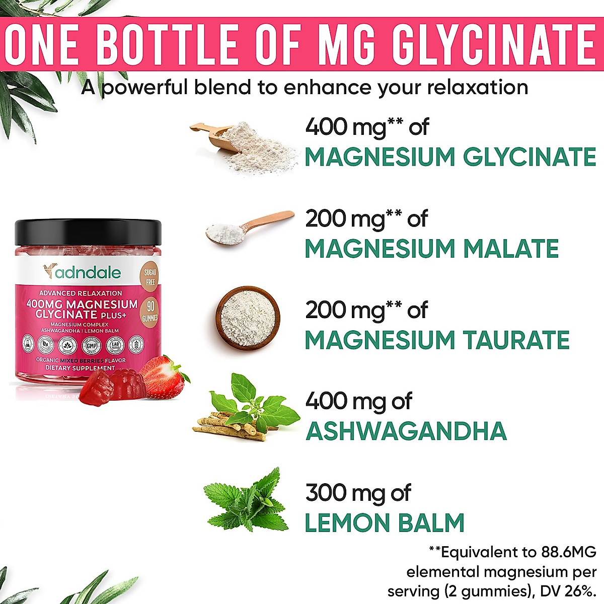 90 CT Magnesium Glycinate Gummies 400 mg/Serv - with Ashwagandha, Magnesium Malate & Taurate - Sugar Free Chews for Adults & Kids Relaxation, Stress Relief, Night Rest, Muscle & Cardio Support