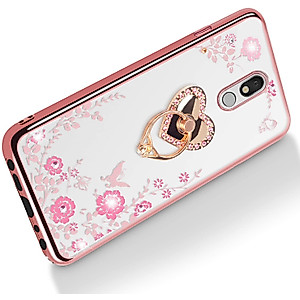 LG Stylo 5 Case,Glitter Crystal Butterfly Heart Floral Cute for Girls Women,Stylo 5 Plus/Stylus 5/LG Stylo 5V/LG Stylo 5X Case Slim Soft TPU Clear Case with Ring Stand for LG Stylo 5 (Rose Gold)