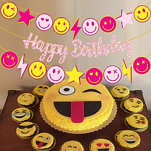 Preppy Birthday Party Banners 3Pcs Preppy Smile Face Birthday Party Decorations Pink Smile Face Lightning Star Themed Party Banners for Preppy Theme Bachelorette Birthday Party Supplies