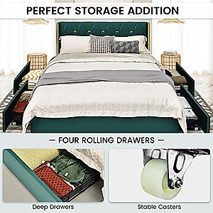 Giantex Upholstered Bed Frame with 4 Drawers, Queen Size PU Leather Bed Frame, Heavy-Duty Noise-Free Bed Frame, Easy Assembly, No Box Spring, Green