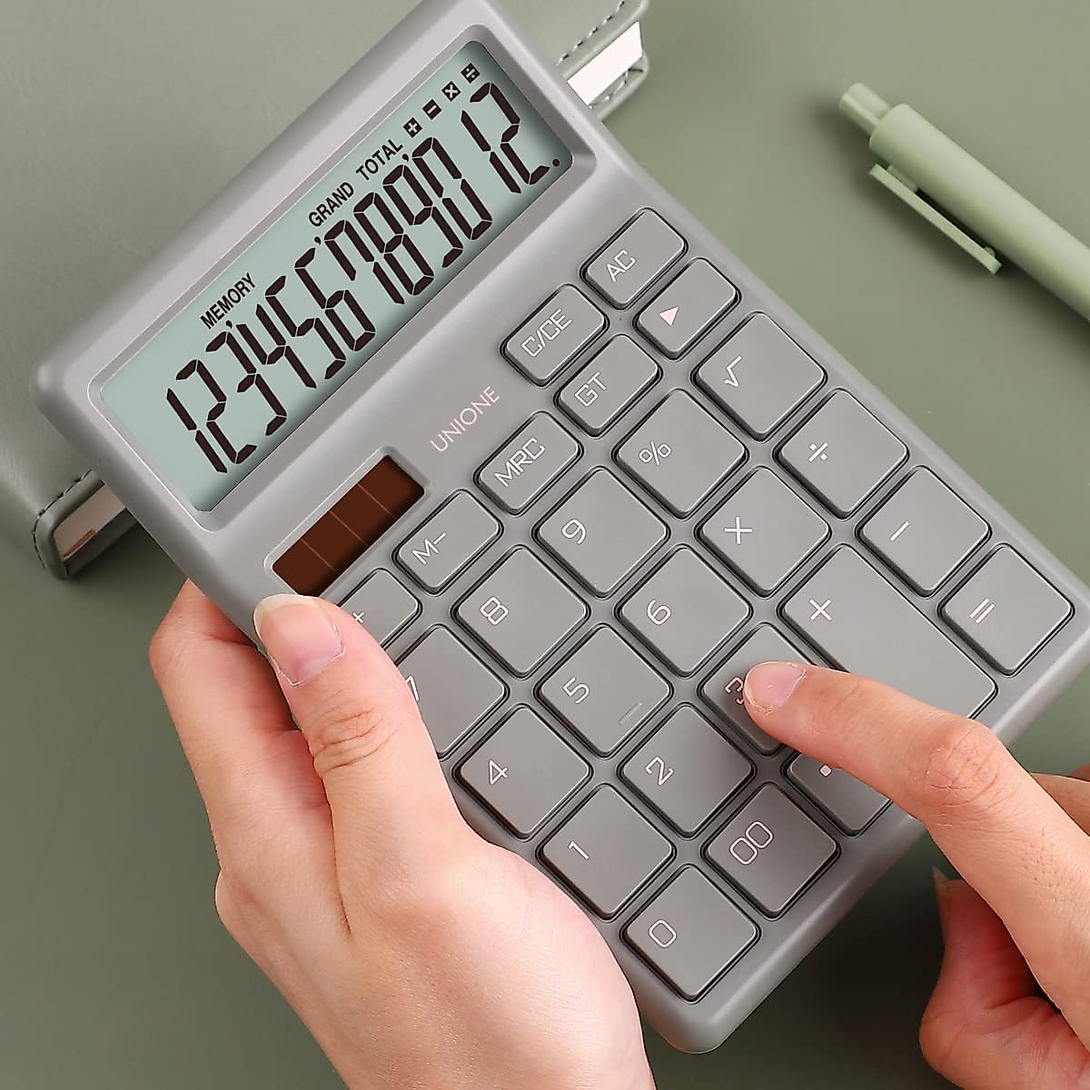 UNIONE Desktop Beige Calculator with a Bright LCD, Dual Power Handheld Desktop. Color. Business, Office, High School, 4×6 inch