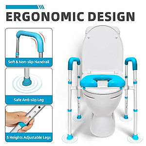 Gillion Raised Toilet Seat with Handles, Toilet Seat Risers for Seniors, 300Lbs Stand Alone Safety Handrails w/Padded Cushion Height Adjustable Bathroom Assist Frame for Elderly, Handicap, Disabled