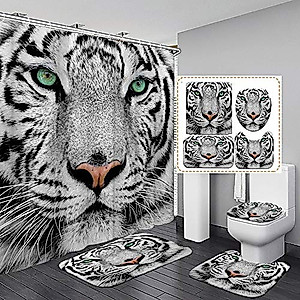 Black Tiger with Green Eyes Shower Curtain Sets with Non-Slip Rugs, Toilet Lid Cover and Bath Mat, Africa Animals Shower Curtains with 12 Hooks Durable Waterproof Bath Curtain