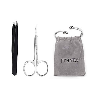Ithyes Complete Tweezer Set 2 PCS Slant Tip Tweezer Stainless Steel Tweezers Eyebrow Trimmer Scissor for Shape Precision Ingrown Hair Nose Hair Blackhead Tick Remover,Black