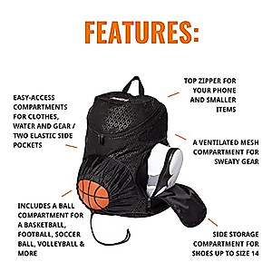 POINT3 Basketball Backpack Road Trip 2.0, Bag with Drawstring for Soccer, Volleyball & More, Compartments for Shoes, Water, & Clothes, Water Resistant Equipment Bag, Unisex Sports Backpack - Black