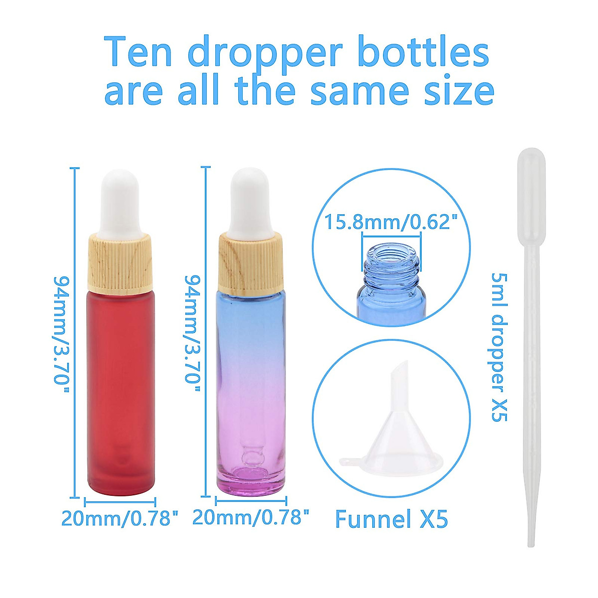 Newzoll 10Pcs Dropper Bottles, 10ml (1/3oz) Glass Bottles Vials with Eye Droppers & Funnels, Essential Oils Perfumes Skincare Liquids Dropper Vials Bottles Containers