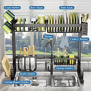 Dish Drying Rack, Over The Sink Dish Drying Rack Length Adjustable (From 33.8" to 41.5"), 2 Tier Large Dish Rack with Cup Holder Utensil Holder Caddy, Kitchen Counter Dish Drainer Organizer, Black