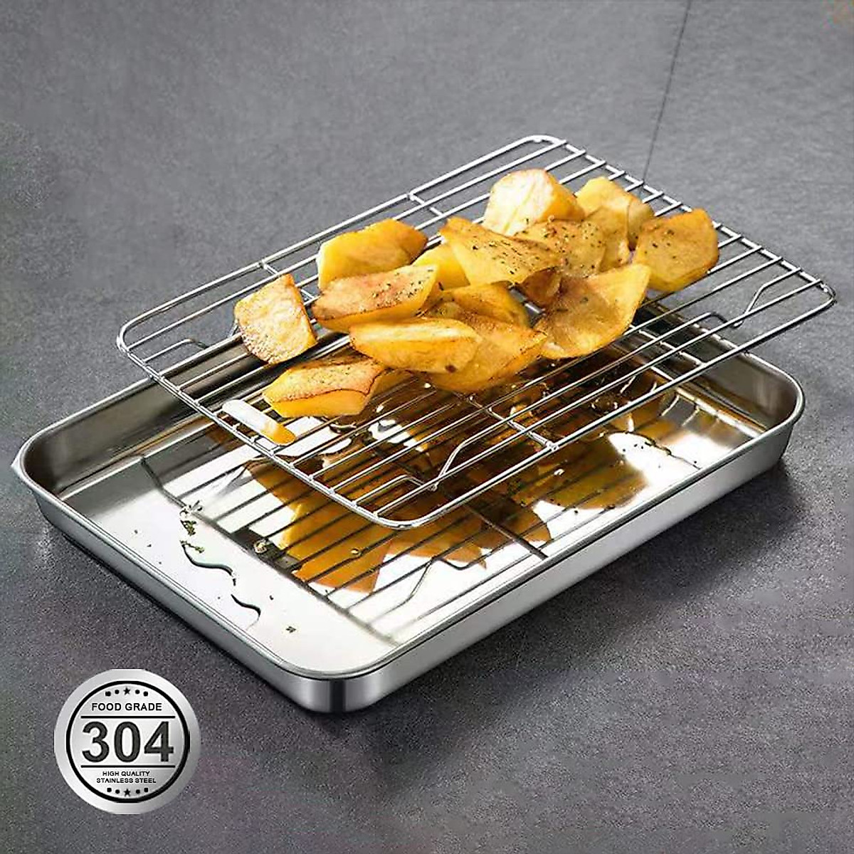 Baking Sheet with Rack Set [1Cookie Sheets + 1 Cooling Racks], TCOOME Stainless Steel Baking Pan and Grill Rack -Non Toxic & Healthy Oven Pan,Heavy Duty&Rust & Warp Resistant (Medium)