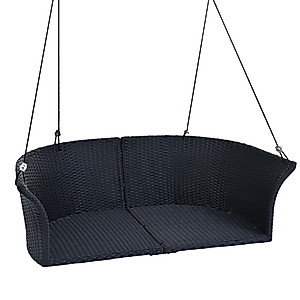 Outdoor Patio Wicker Porch Swings, 51.9" Wide 2 Person Hanging Chair Loveseat with Black Woven Rattan and White Cushions