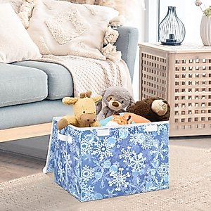 Krafig Snowflakes Decorative Storage Box with Lid Large Bins Baskets Foldable Cube Organizer Collapsible Containers for Organizing, Toy, Home, Shelf, Closet