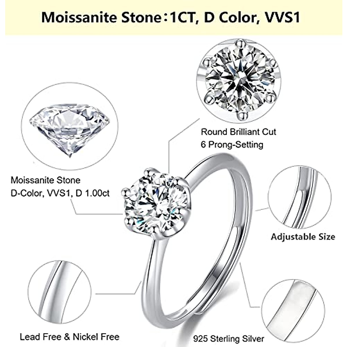 Letalong 1CT Adjustable Moissanite Rings for Women, S925 Sterling Silver 6 Prong Moissanite Engagement Ring