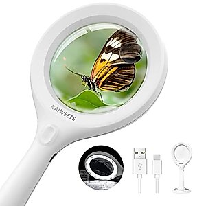 KAIWEETS Magnifying Glass with 16 LED Lights and Stand, Weight 145g Handheld Magnifier with 3 Brightness Modes Rechargeable for Close Work, Reading, Inspection, Coins, Jewelry, Exploring