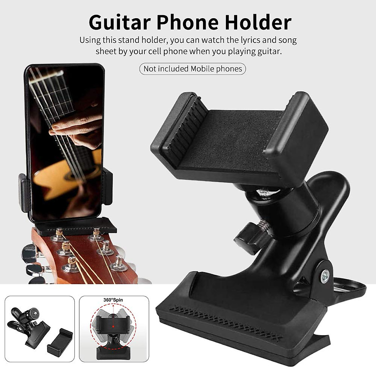 CALIDAKA Guitar Head Clip Guitar Phone Holder Smartphone Guitar Capo 360 Rotation Headstock Cell Phone Clamp Clip Mount for Electric or Acoustic Guitars, Fits Smartphone with 2.16in-2.95in