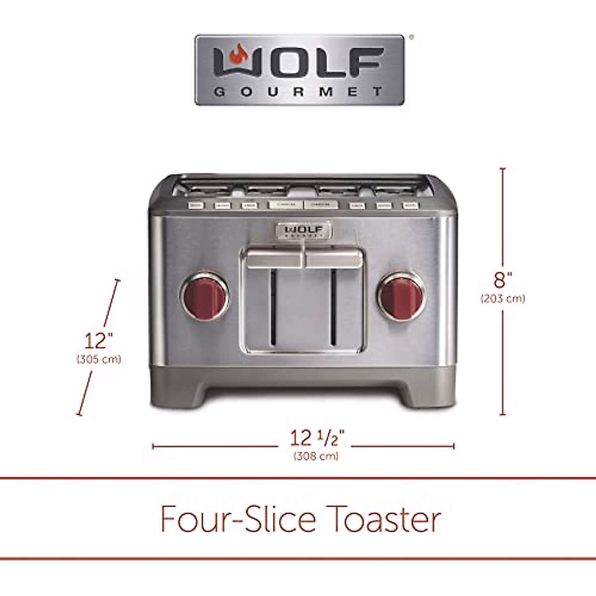 Wolf Gourmet 4-Slice Extra-Wide Slot Toaster with Shade Selector, Bagel and Defrost Settings, Red Knob, Stainless Steel (WGTR154S)