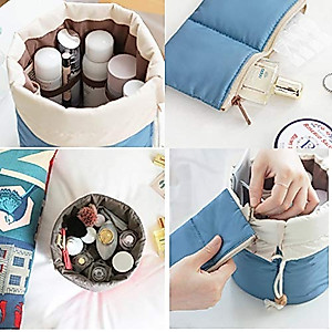 EUOW Travel Cosmetic Bags Barrel Makeup Bag,Women Portable Foldable Cases, Multifunctional Toiletry Bucket Bags Round Organizer Storage Pocket Soft Collapsible(Deepblue)