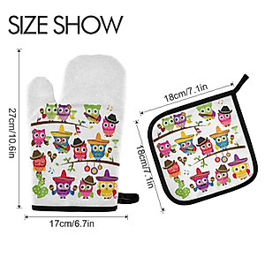 Oven Mitts Set Cinco De Mayo Owl Birds Pot Holders Spring Summer Kitchen Oven Glove Baking Mitts 2PCS Cooking Stove Gloves Potholders Heat Resistance Hot Pads for Grilling BBQ Holiday Decor Gift