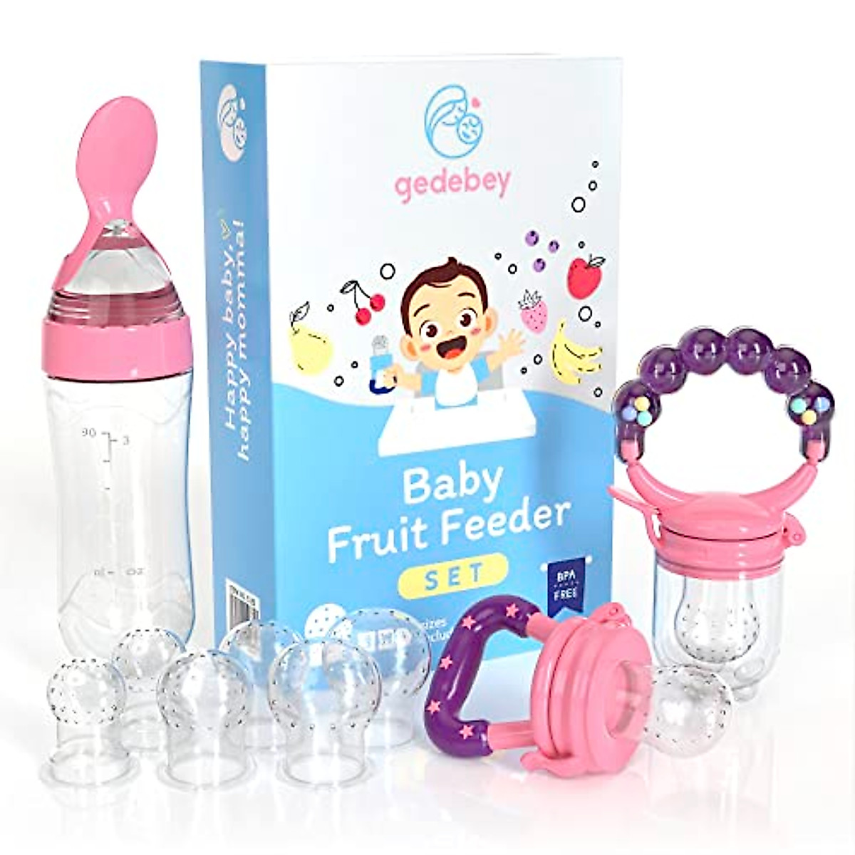 Gedebey Baby Fruit Feeder Pacifier - 3 Pack | 2 Silicone Baby Feeder Pacifiers & 1 Baby Feeding Spoon | Frozen Fruit Teether | Forage Feeder | Food Pacifier for Babies | Baby Food Spoon (Pink)
