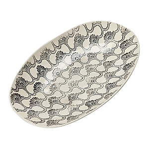 Creative Co-Op Hand-Stamped Stoneware Serving Bowl with Embossed Pattern, Black & Cream Color