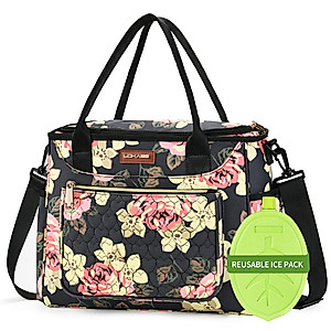 LOKASS Lunch Box - Lunch Bag Women Insulated Lunch Box for Women Teacher Nurse Tote Bag for Work Picnic or Travel Removable Shoulder Strap Side Pocket - Peony