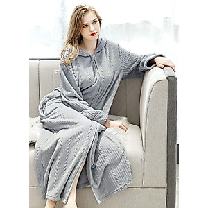 Hellomamma Long Hooded Zipper Bathrobe for Womens Flannel Fleece Robes Winter Warm Housecoat Nightgown Sleepwear Pajamas Light Grey L-XL
