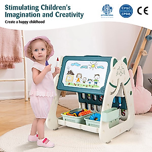 HONEY JOY Kids Table and Chair Set, 3 in 1 Convertible Art Easel & Display Bookshelf w/Magnetic Painting Board, Bottom Storage Shelf, Children Activity Table Set for Drawing Reading (Green)