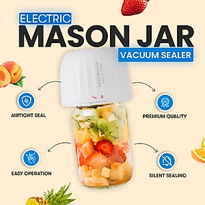 Electric Mason Jar Vacuum Sealer Kit, 3-in-1 Strong Suction, Handheld Rechargeable Sealer for Wide and Regular Mouth Mason Jars, Vacuum Bags, Jar Vacuum Sealer for Food Storage, Canning (White)