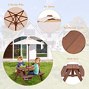 KOTEK Kids Picnic Table with Umbrella Foldable, Wooden Kids Table & Benches for Crafting, Eating & Playing, Outdoor Toddler Activity Table for Backyard, Patio, Garden, Gift for Ages 3-8