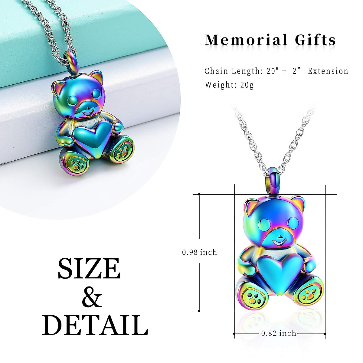 Cremation Jewelry Urn Nekclaces for Ashes for Women Gilrs Teddy Bear Keepsake Memorial Necklace for Human Pet Baby Ashes,Rainbow