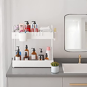 Ormeli Under Sink Organizer, 2 Tier Bathroom Sink Storage Under Cabinet Organizer Baskets Kitchen Countertop Organizer Multi-purpose Bath Collection Baskets with 6 Hooks 2 Hanging Cups (White, 2)