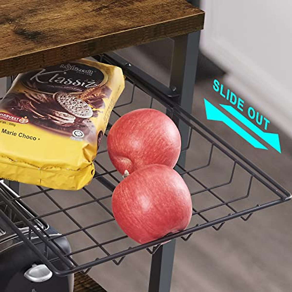 SUPERJARE Bakers Rack with Power Outlet, Microwave Stand, Coffee Bar with Wire Basket, Kitchen Storage Rack with 6 S-Hooks, Kitchen Shelves for Spices, Pots and Pans - Rustic Brown