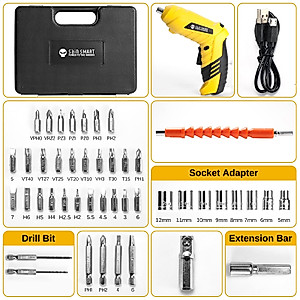 SainSmart Cordless Electric Screwdriver with Rechargeable 3.6v Lithium Battery and 1/4” Hex Chuck, Includes 45pcs Bits, 1 Extension Rod and 1 USB Cable