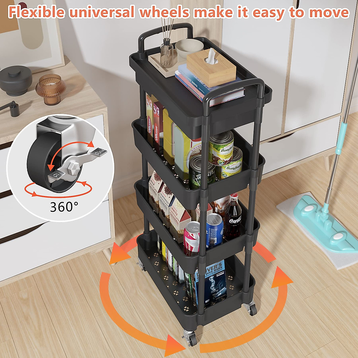 Calmootey 4-Tier Rolling Utility Cart with Drawer,Multifunctional Storage Organizer with Plastic Shelf & Metal Wheel,Storage Cart for Kitchen,Bathroom,Living Room,Office,Black