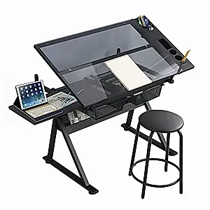 Gynsseh Glass Drafting Table Drawing Desk with Stool, Height Adjustable Art Desk for Adults/Artists, Tiltable Tabletop Professional Art Table Paintings Desk for Home Office School (Black)