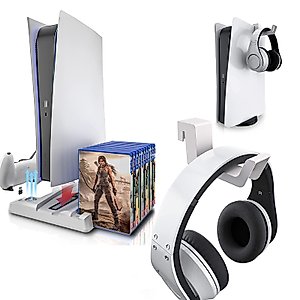 PlayStation 5 Accessories Kit, PS5 Stand with Cooling Fans and Controller Charger, PS5 Headset Holder
