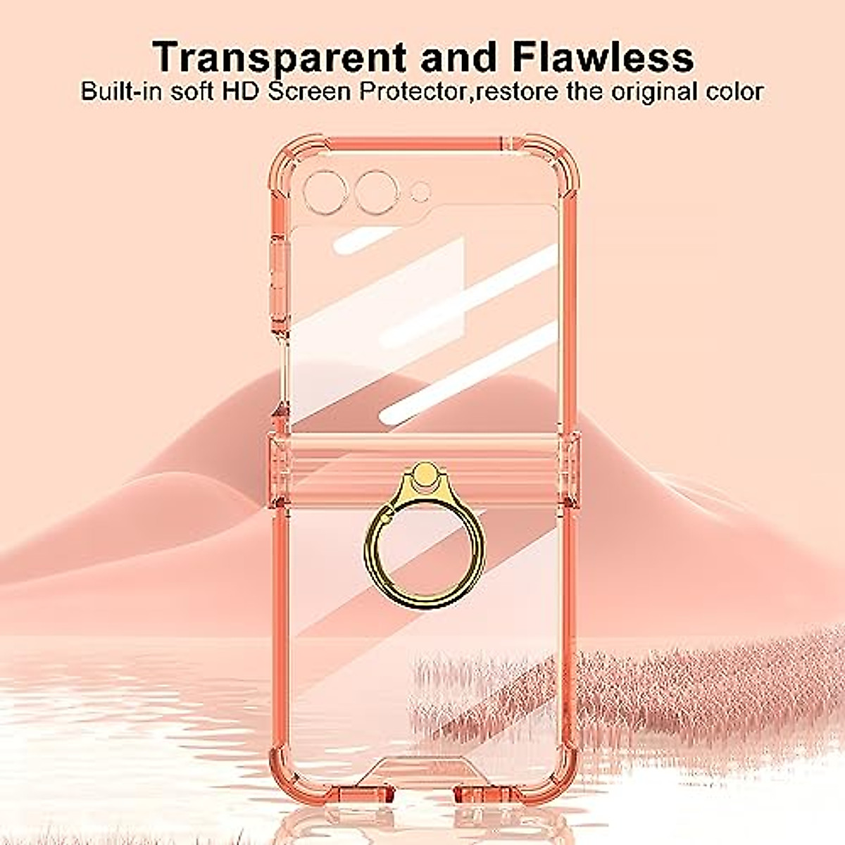 PUROOM for Samsung Galaxy Z Flip 5 Case Hinge Protection Luxury Soft Transparent with Ring Holder Built-in Screen Protector All-Inclusive Shockproof Cover (Orange)