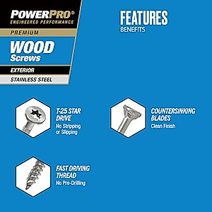 Power Pro Premium 305 Stainless Steel Wood Screws (#8 x 1-1/4") - 45pc
