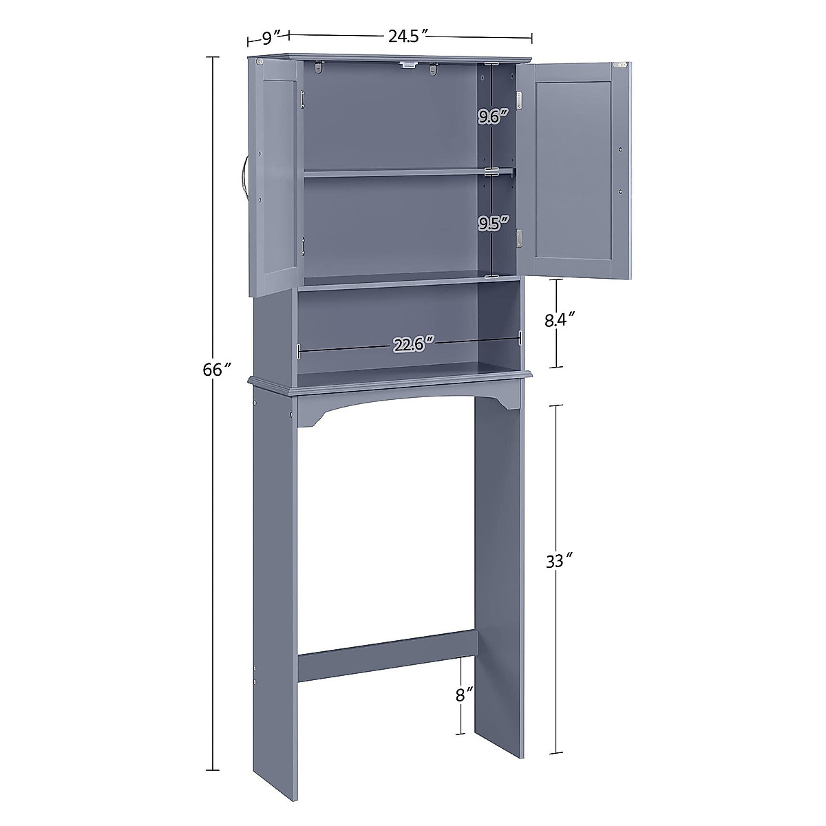 Yaheetech Over The Toilet Bathroom Cabinet with 2 Doors & Adjustable Shelf, Free Standing Toilet Rack Space-Saving, L24.5xW9xH66 Inches, Grey