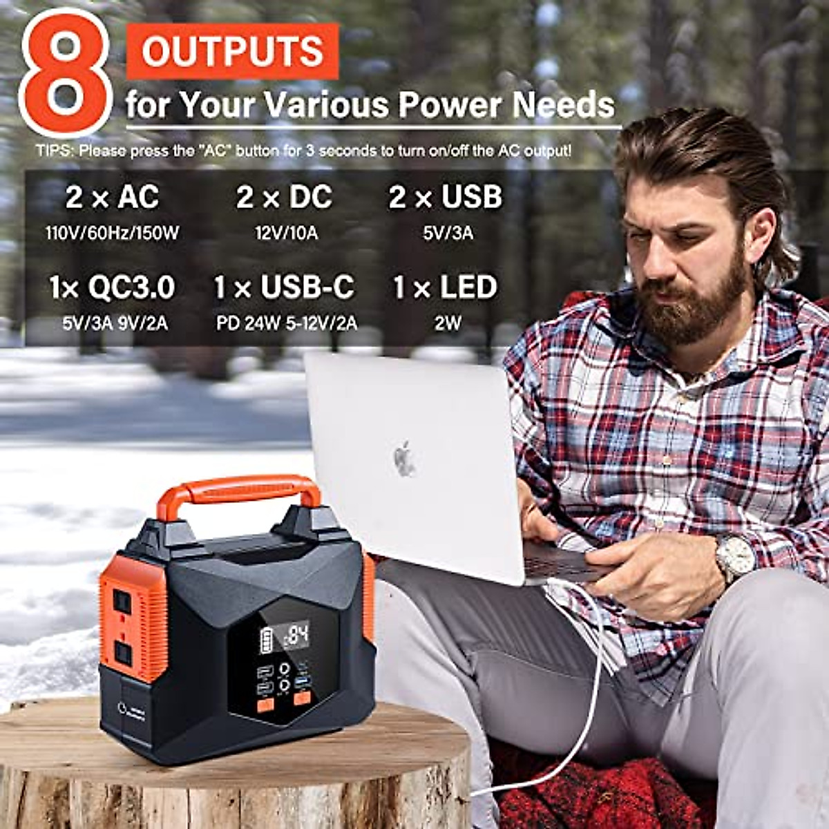 BailiBatt Portable Power Station 150W, 146Wh Camping Solar Generator, Lithium Battery Bank Power Supply with 2 110V/150W (Peak 300W) AC/2 DC/2 USB/ 1 QC 3.0/1 USB-C for CPAP Home Camping Emergency, Orange