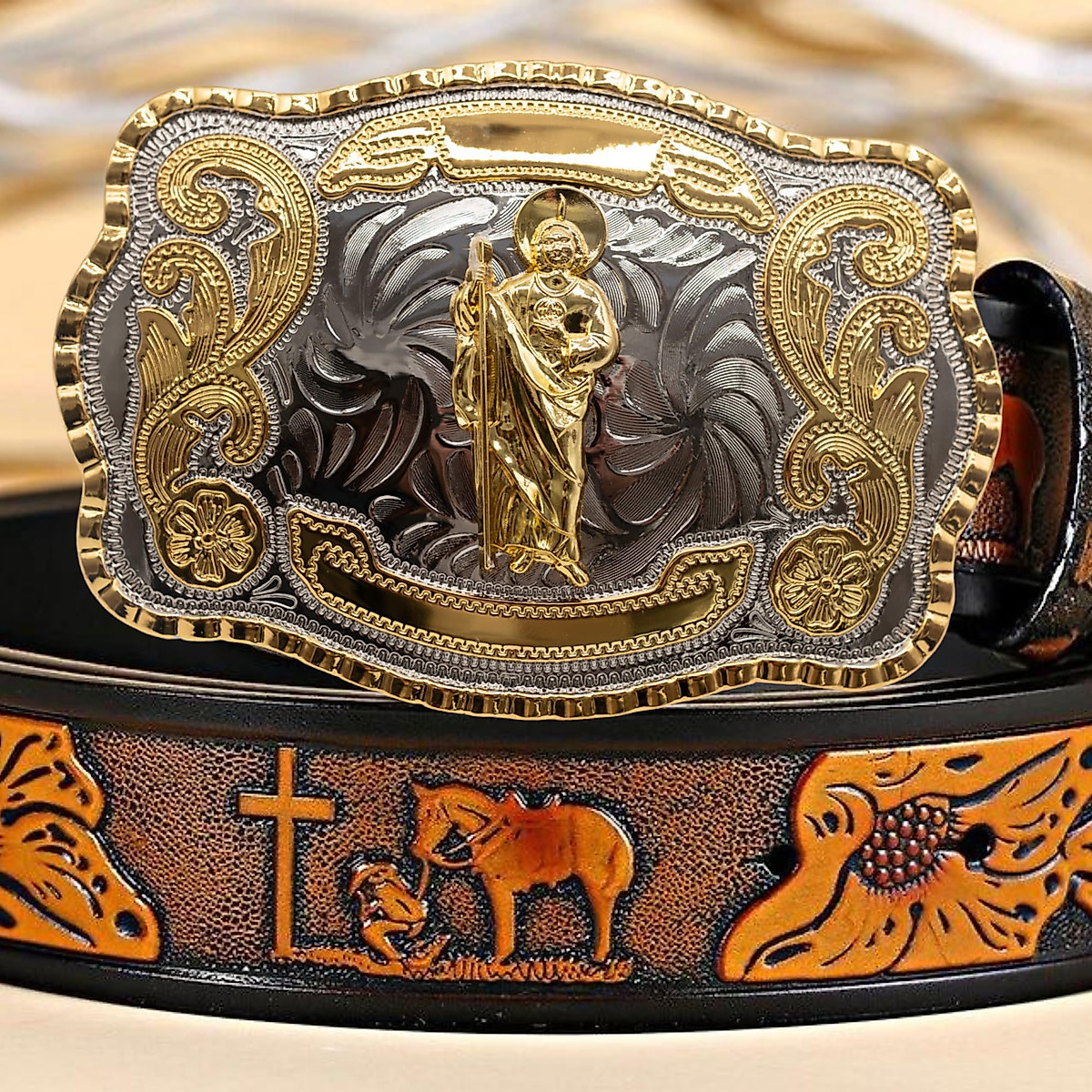WMG Western St Jude Belt Buckle Gold Silver Saint Jude San Judas Cowboy Buckle Hebilla Vaquero Rodeo