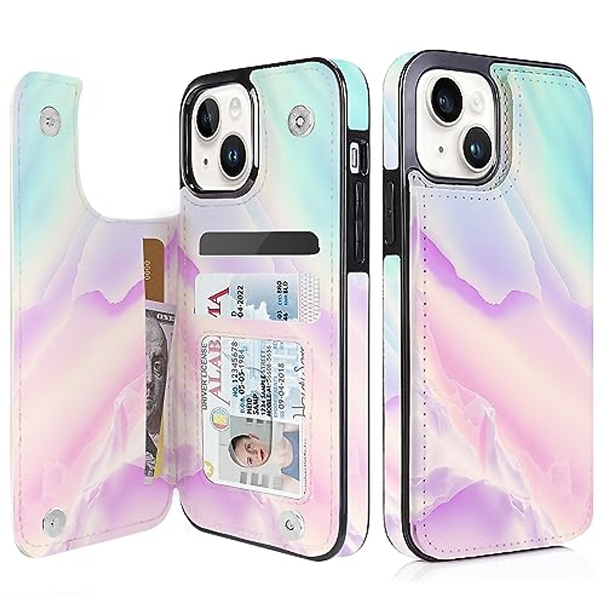 uCOLOR Flip Leather Wallet Case Card Holder Compatible with iPhone 13 6.1 iPhone 14 6.1 Women and Girls with Card Holder Kickstand (Pastel Pink Marble)