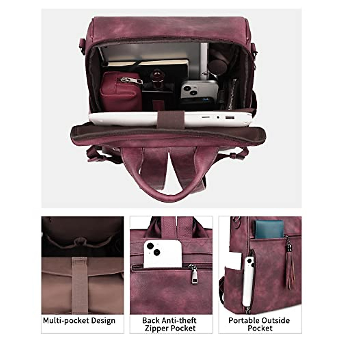 FADEON Laptop Backpack Purse for Women Large Designer PU Leather Laptop Bag, Ladies Computer Shoulder Bags