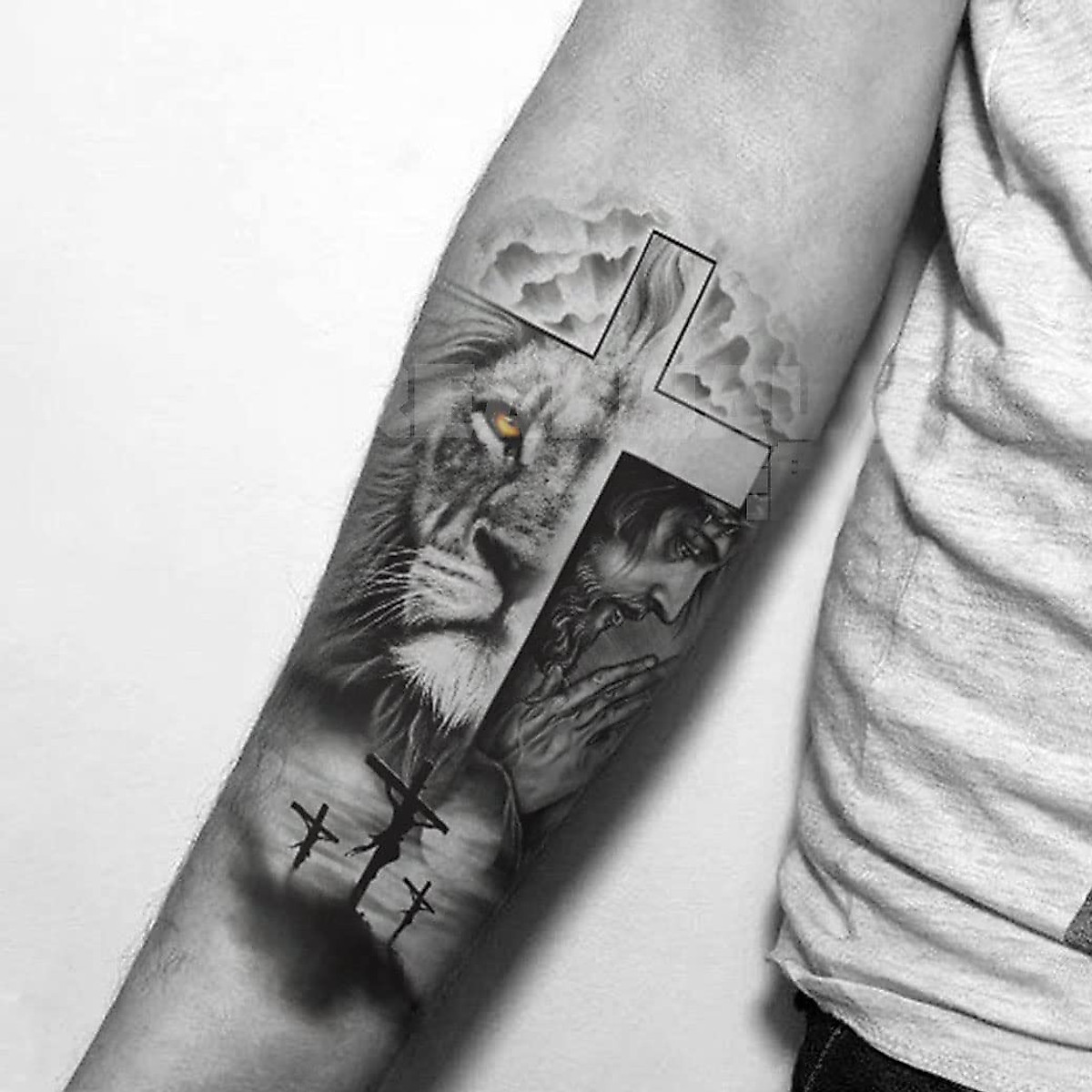 Oottati 2 Sheets Realistic Animal Temporary Tattoos Stickers Forest Lion Jesus Cross Old School Designs For Men Waterproof Arm Leg Fake Body Art, Gym & Parties Bold Masculine Decals