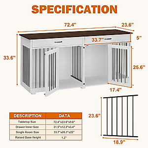 MOOLIVE Large Double Dog Crate Furniture, 72.4" Wooden Dog Crate Furniture with Divider and 2 Drawers, XXL Heavty Duty Dog Crates Furniture for 2 Medium or Large Dogs Indoor, White + Walnut