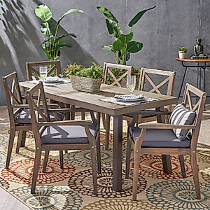 Christopher Knight Home Justin Outdoor 7 Piece Acacia Wood Dining Set, Teak, Gray Finish/Rustic Metal/Dark Gray