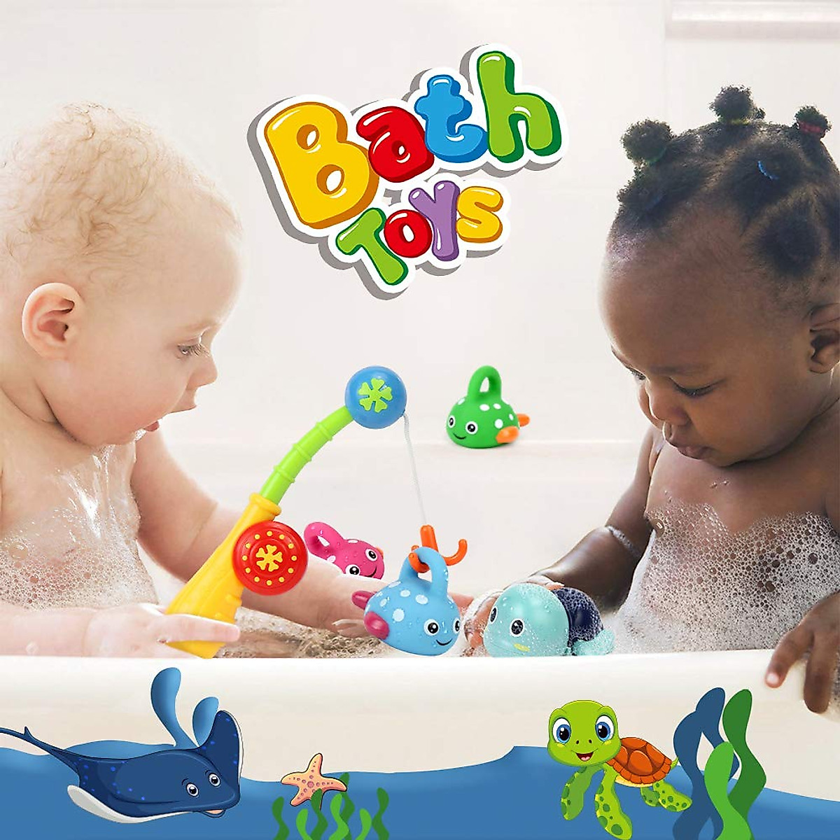 Bath Toys Fish Set, Fishing Game w/ Swimming Tortoise, Fishing Pole & Net, Fish Game Bathtub Water Table Shower Pool Bathroom Toy for Toddlers Baby Kids Infants Boys Girls