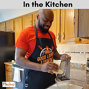 FixGrub Mr Good Lookin is Cookin BBQ Apron, Cooking Apron, Dad Apron, Funny Black Kitchen Apron with 3 Pockets,100% Cotton Durable