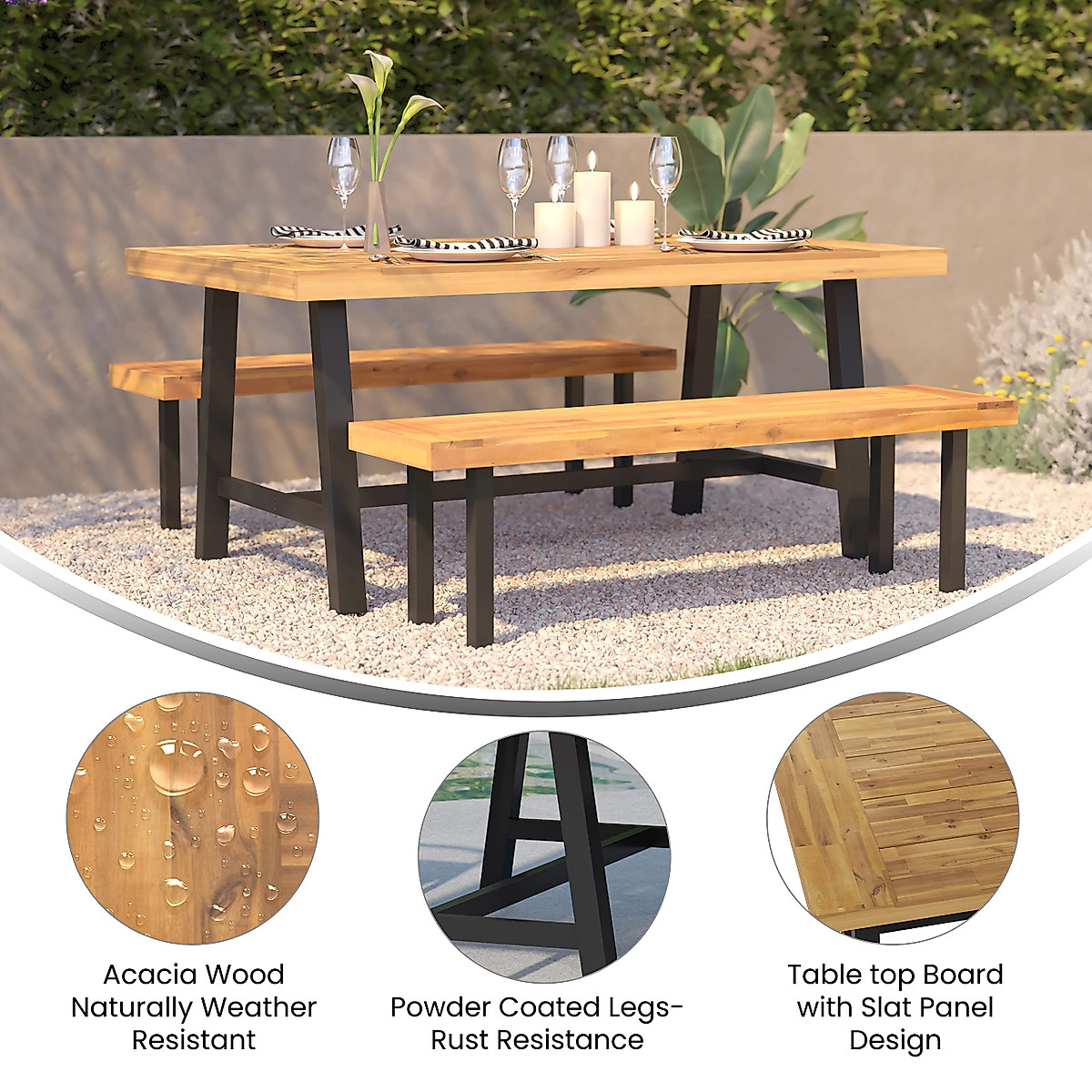 Flash Furniture Rafe Commercial Grade Acacia Wood Dining Table with Metal Base, Indoor/Outdoor Rectangle Patio Table with Plank Style Table Top, Natural/Black
